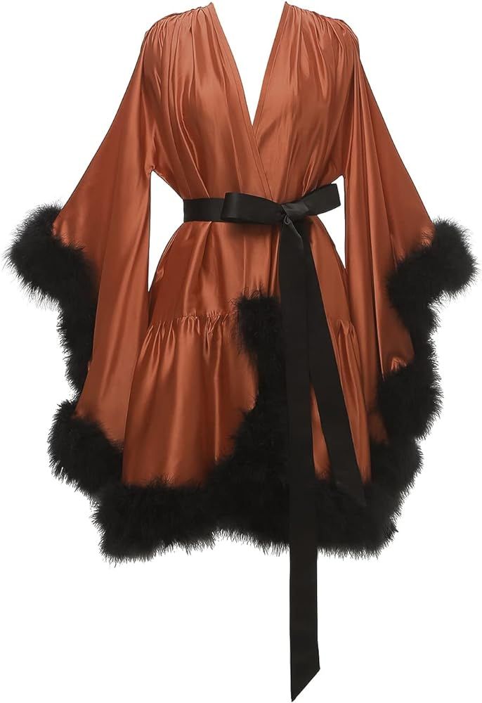Boudoir Fur Trim Bell Sleeved Satin Robe – Luxandluxy