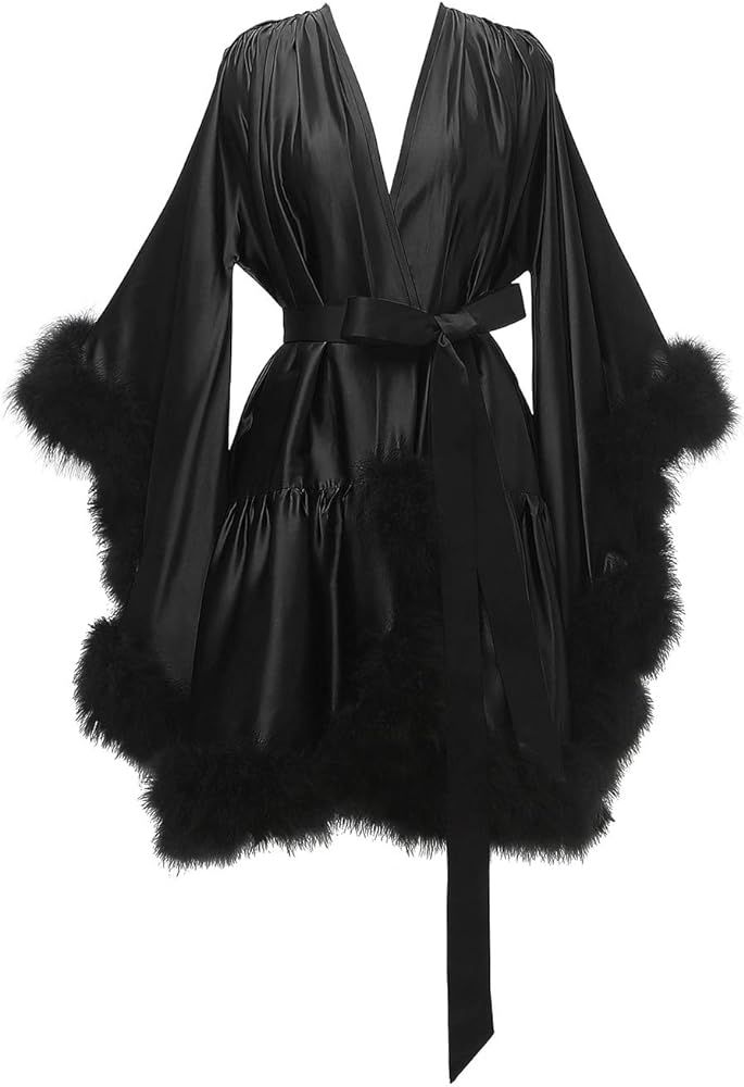 Boudoir Fur Trim Bell Sleeved Satin Robe – Luxandluxy