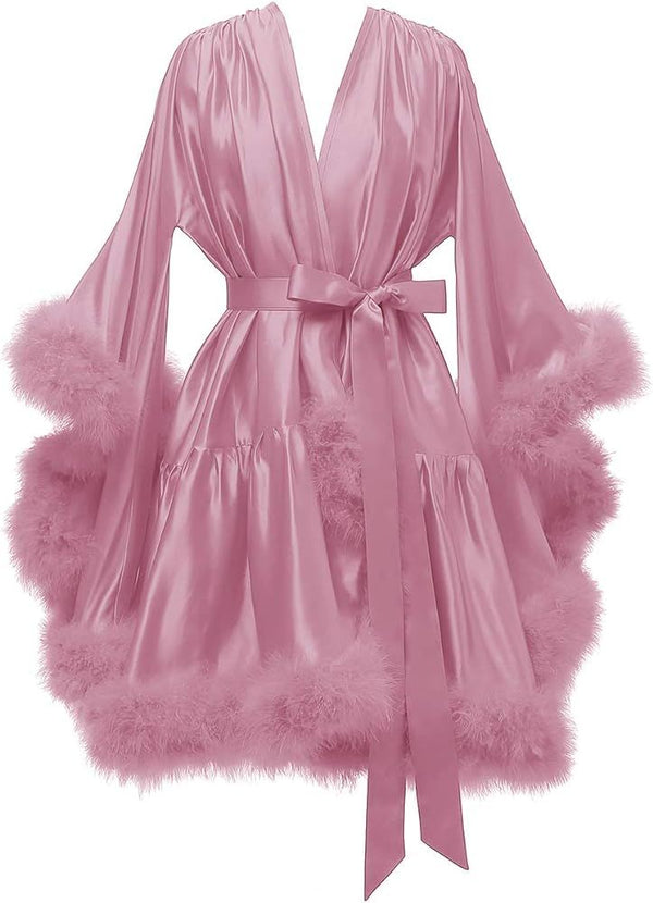 Boudoir Fur Trim Bell Sleeved Satin Robe – Luxandluxy