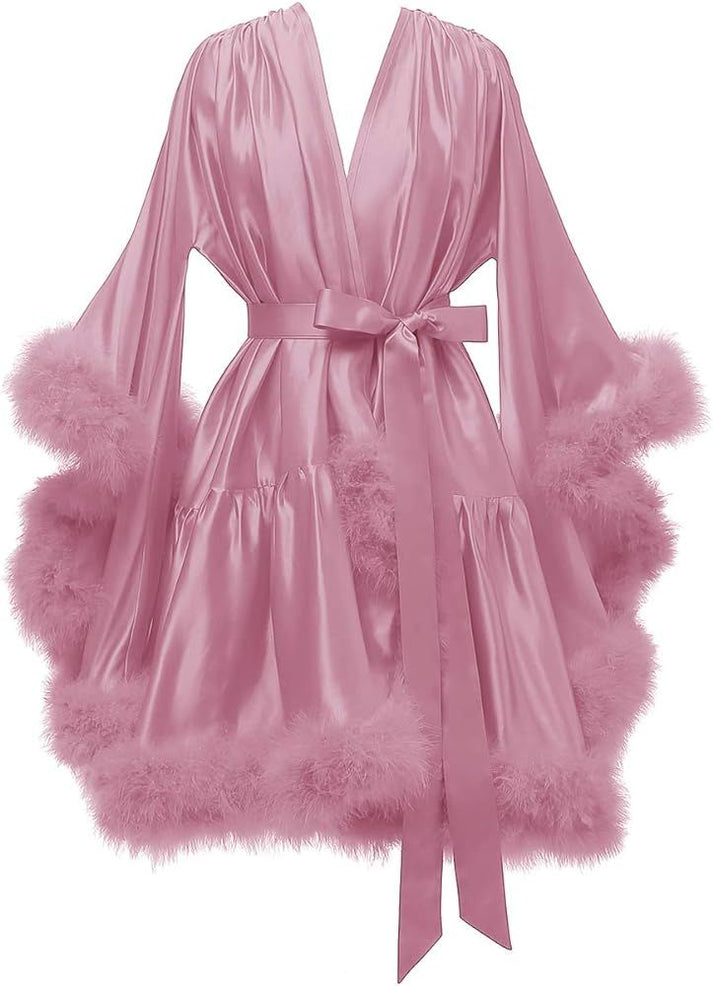 Boudoir Fur Trim Bell Sleeved Satin Robe – Luxandluxy