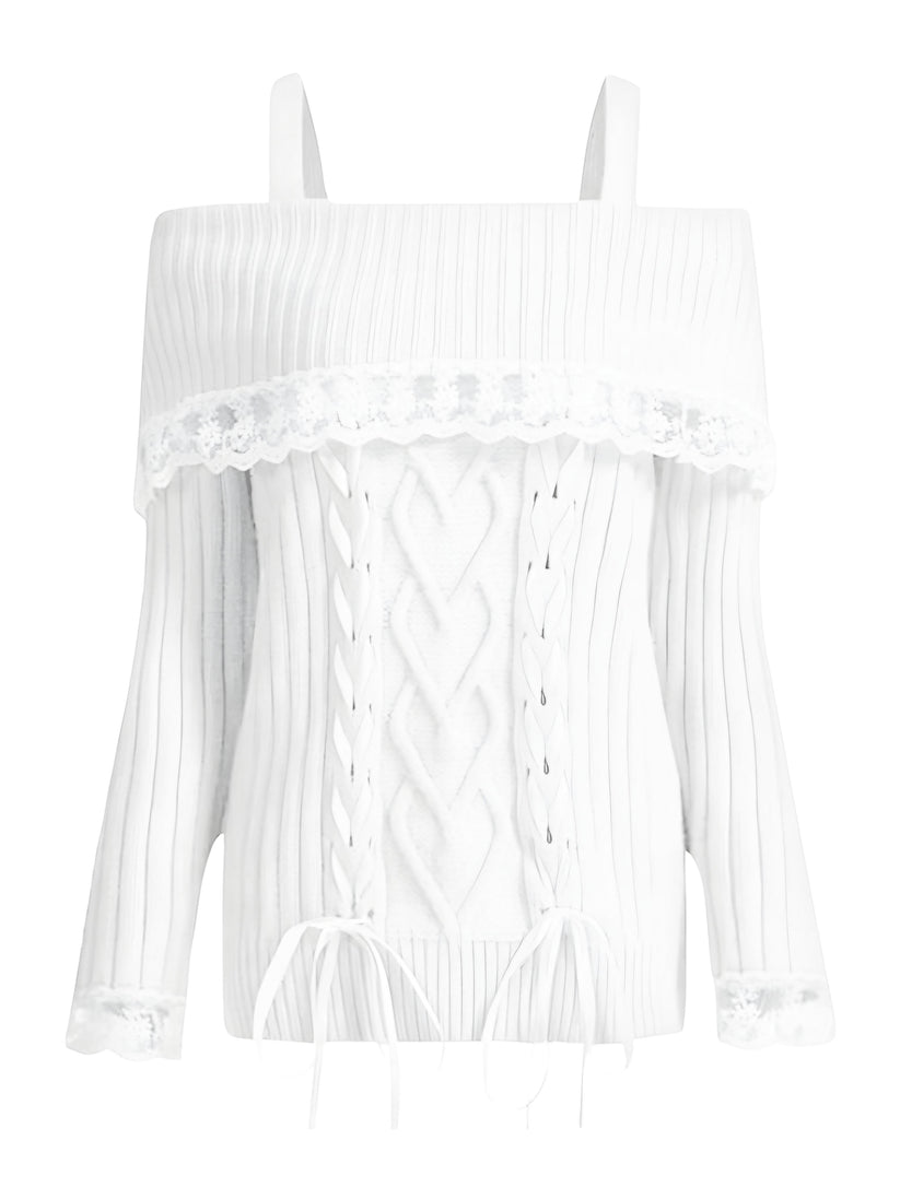 Cable Knit Ribbon Lace Up Cold-Shoulder Sweater – Luxandluxy