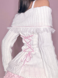 Cable Knit Ribbon Lace Up Cold-Shoulder Sweater – Luxandluxy