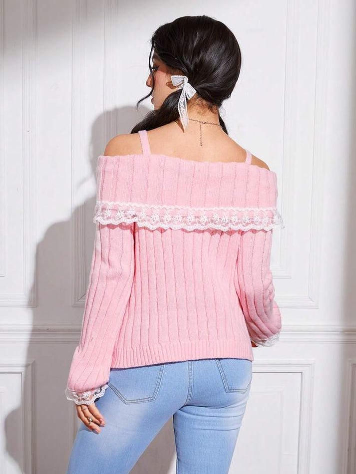 Cold Shoulder Lace Trim Knit Sweater – Luxandluxy