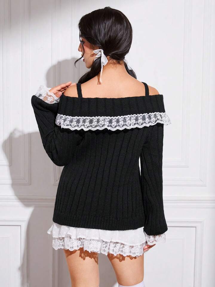 Cold Shoulder Lace Trim Knit Sweater – Luxandluxy