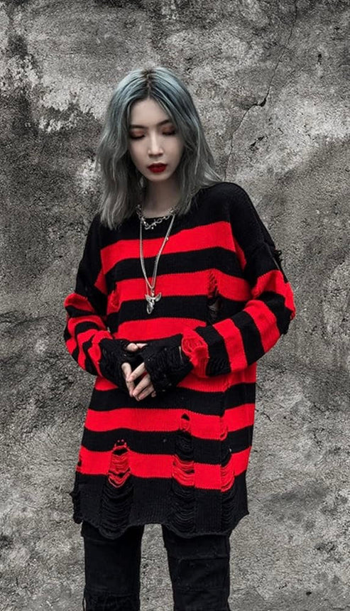 Distressed Striped Grunge Knit Sweater – Luxandluxy