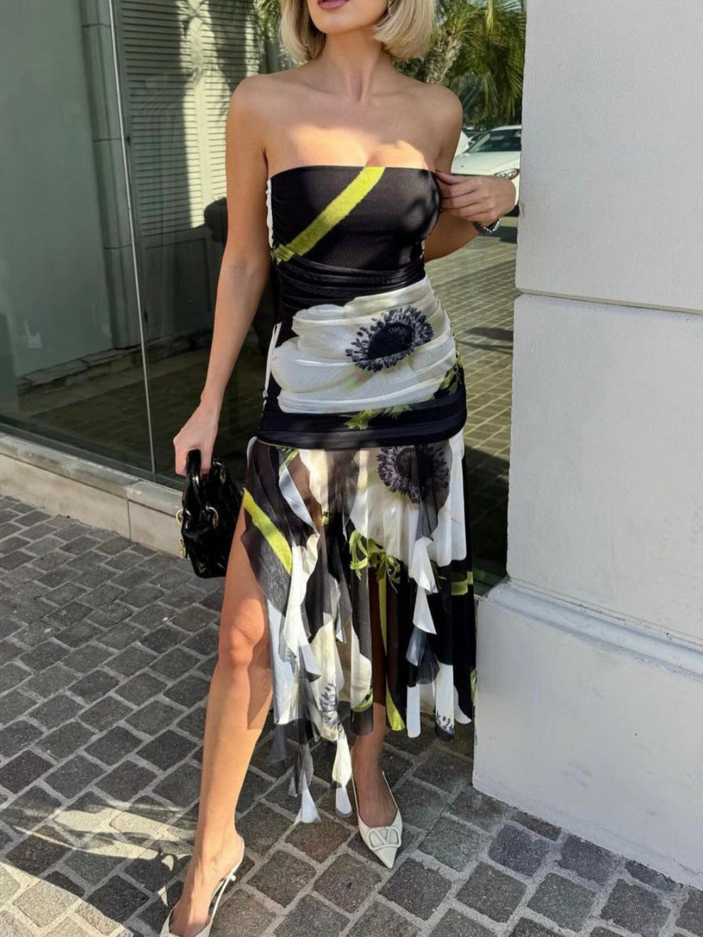 Flower Mesh Asymmetric Ruffle Hem Mermaid Dress – Luxandluxy