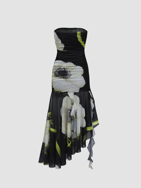 Flower Mesh Asymmetric Ruffle Hem Mermaid Dress – Luxandluxy