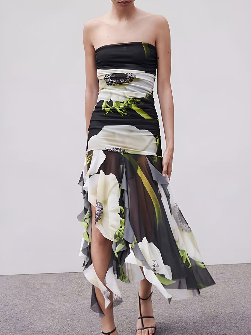 Flower Mesh Asymmetric Ruffle Hem Mermaid Dress – Luxandluxy