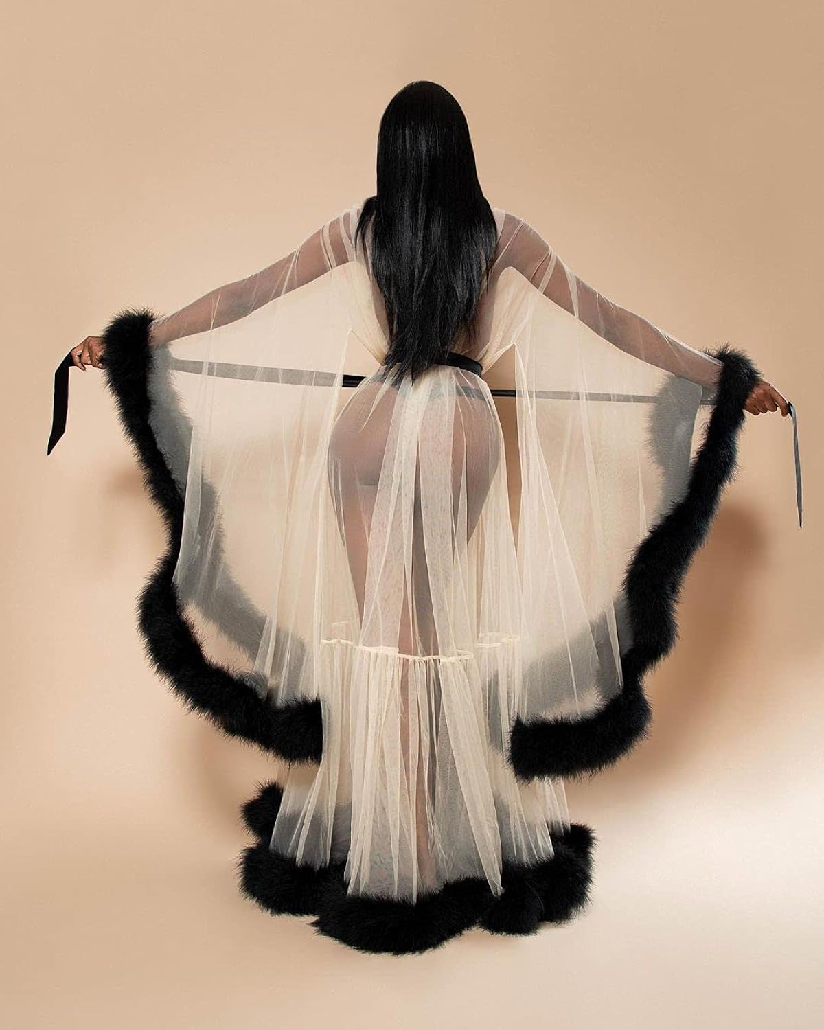 Tulle Illusion Fur Trim Floor Length Robe – Luxandluxy