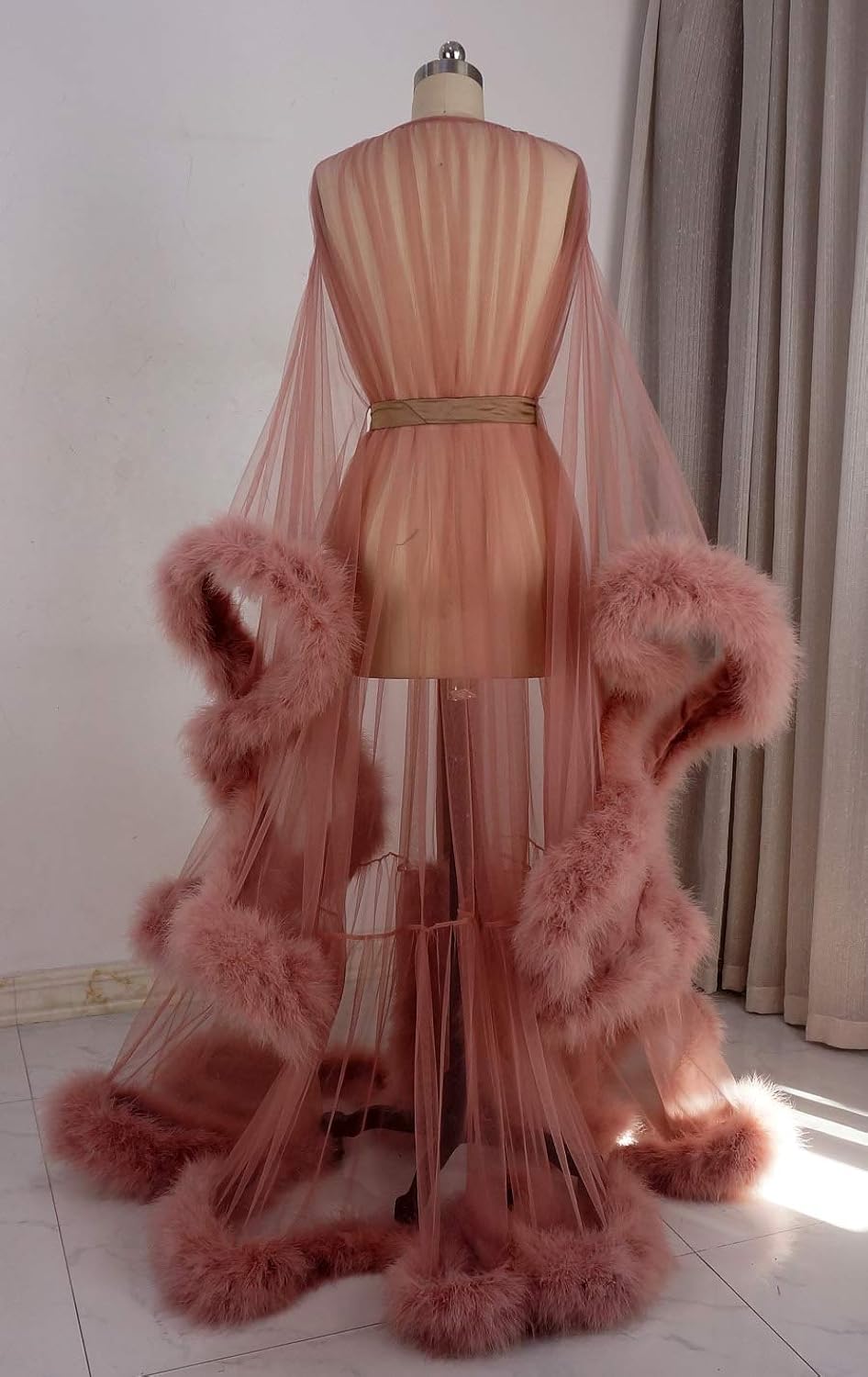 Tulle Illusion Fur Trim Floor Length Robe – Luxandluxy