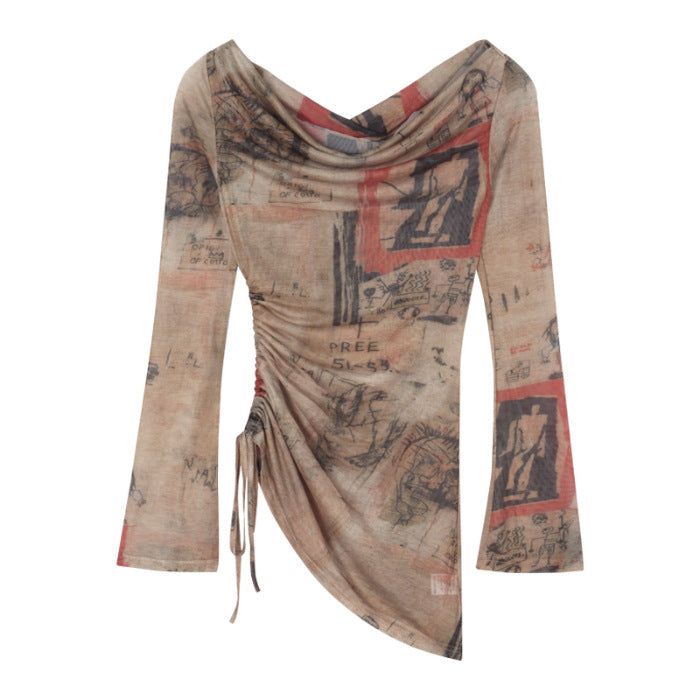 Uneven Retro Graphic Off Shoulder Blouse – Luxandluxy