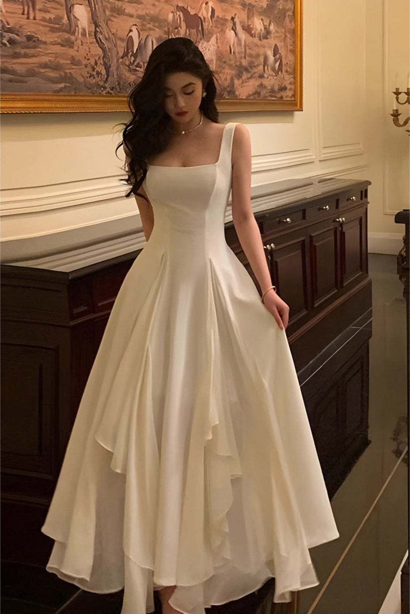 White Tiered Asymmetric Square Neckline A-line Dress – Luxandluxy