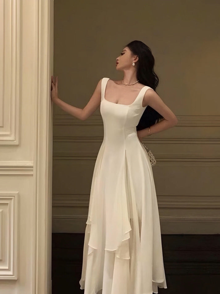 White Tiered Asymmetric Square Neckline A-line Dress – Luxandluxy